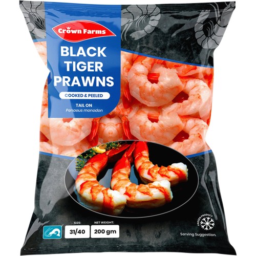 Crown Farms Black Tiger King Prawns Cooked Tail On (200g) - Compare ...