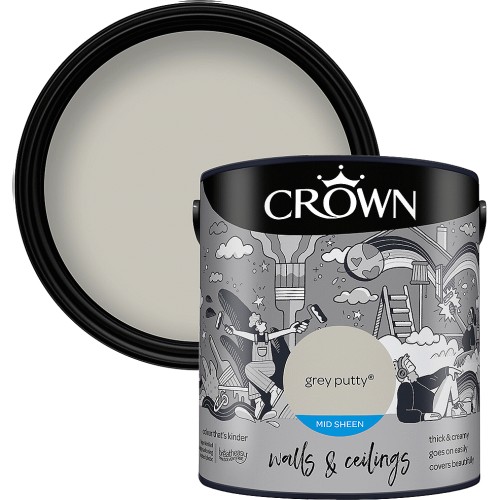 Crown Walls & Ceilings Grey Putty Mid Sheen Emulsion Paint (2.5 Litre ...