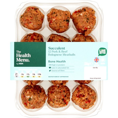 The Health Menu by ASDA 12 Pork & Beef Bolognese Meatballs (336g ...