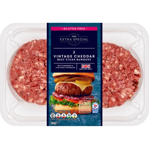 ASDA Extra Special 2 Vintage Cheddar Beef Steak Burgers (340g ...