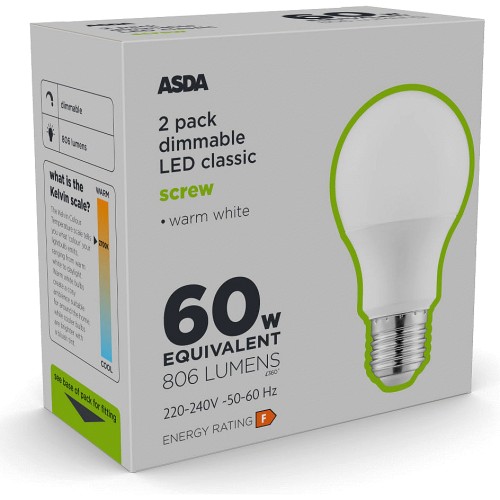 ASDA LED Classic Large Screw Dimmable Lightbulb (2 x 60w) - Compare ...